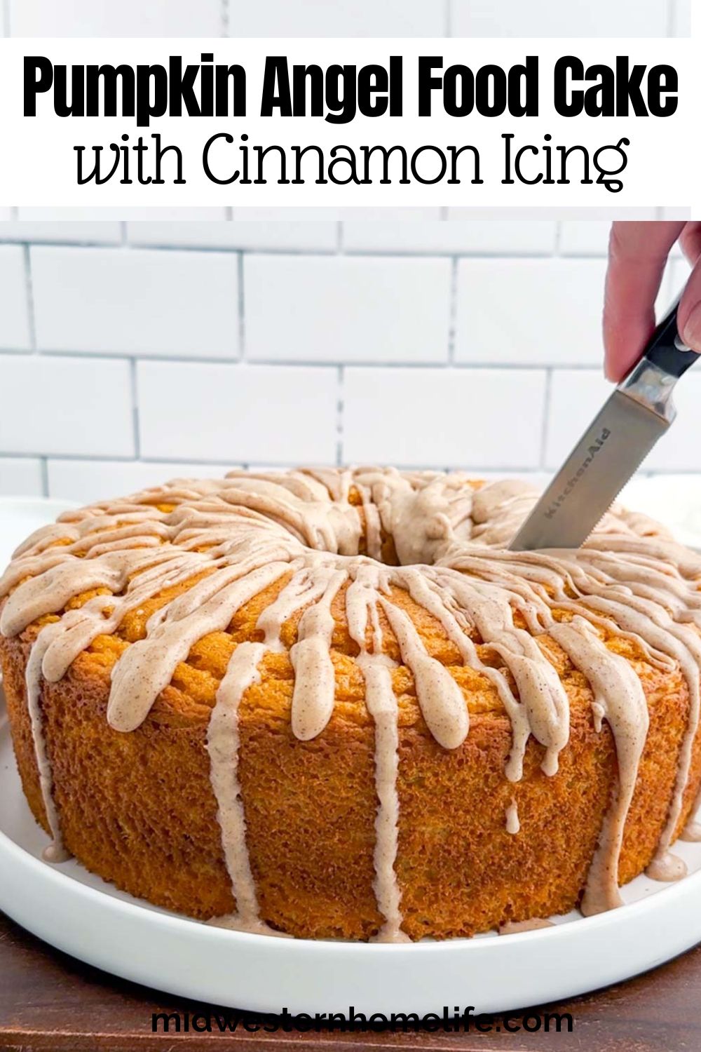 Pumpkin Angel Food Cake with Cinnamon Drizzle - Midwestern HomeLife